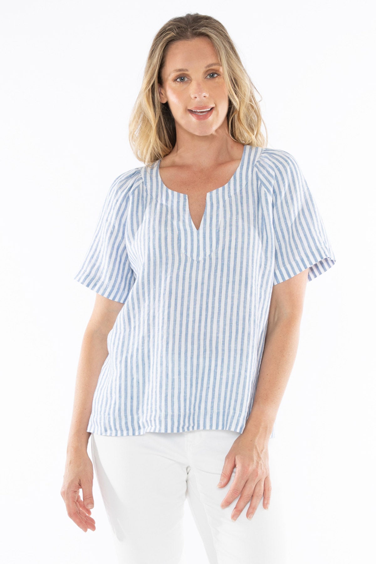Women's Metallic Stripe Top in Blue and White
