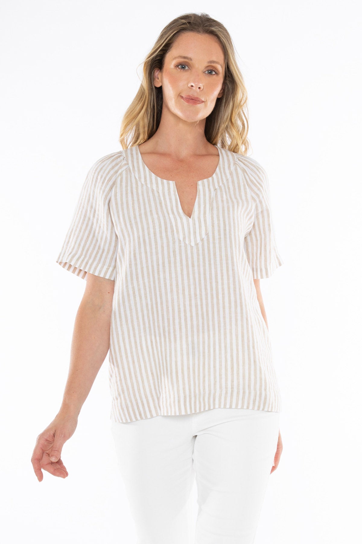 Women's Metallic Stripe Top in Brown and White