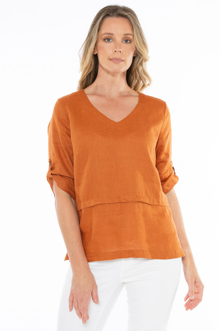 Women's V-Neck Tab Sleeve Top in Orange