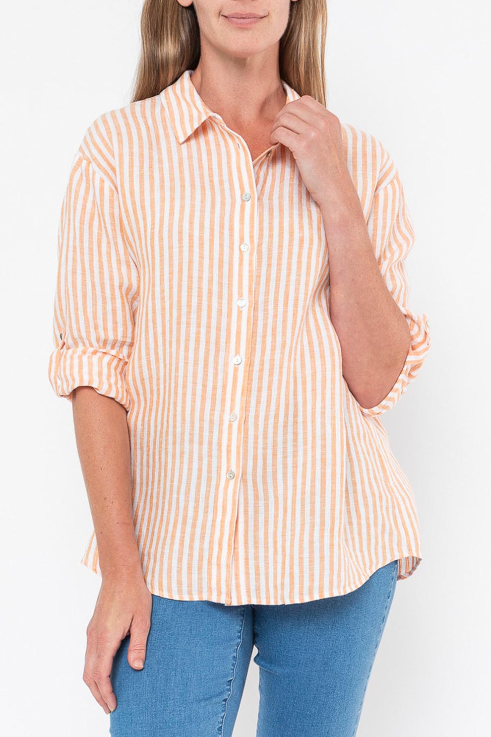 Women's Stripe Linen Shirt Mandarin