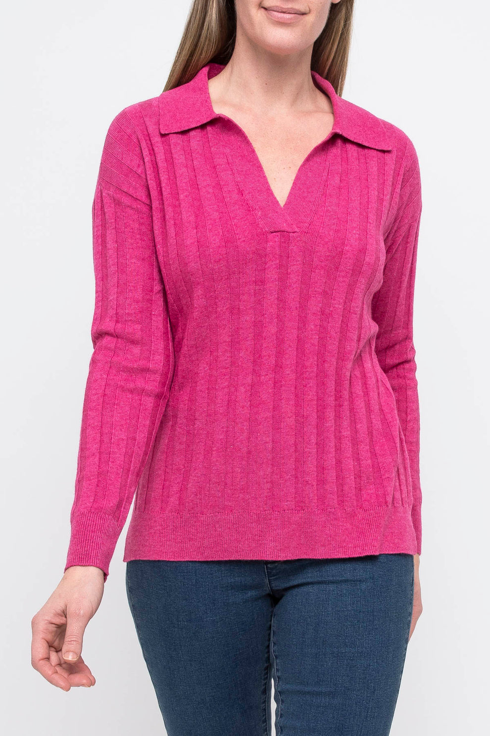 Women's Rib Collared Pullover in Pink