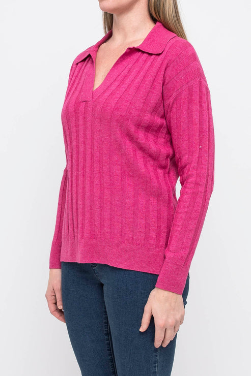 Women's Rib Collared Pullover in Pink