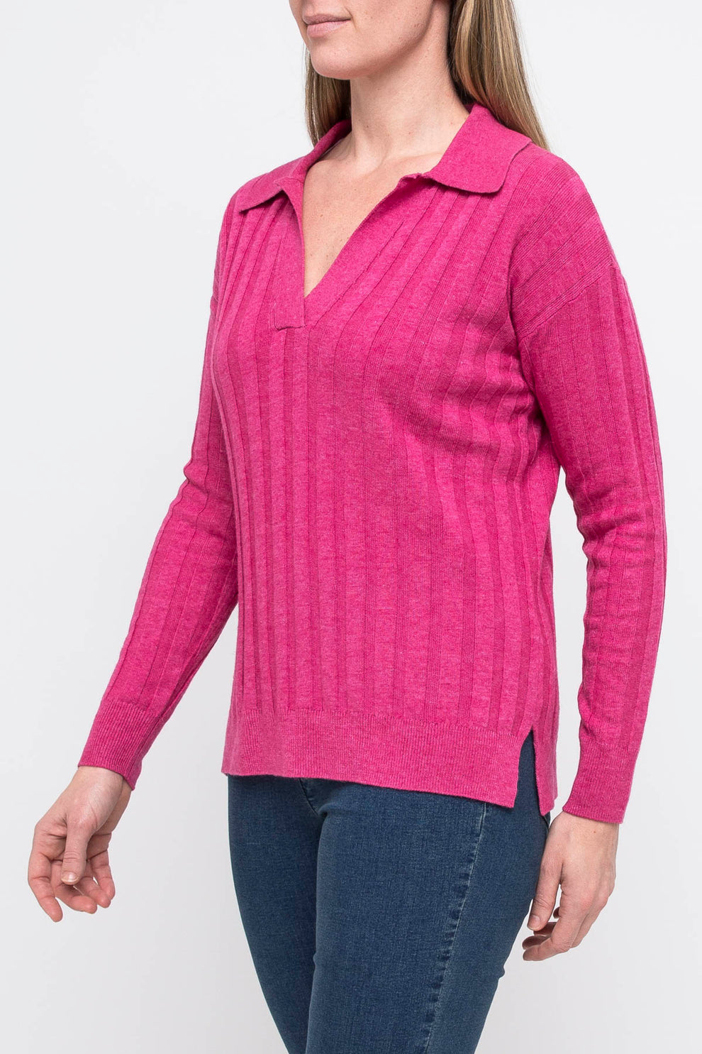 Women's Rib Collared Pullover in Pink